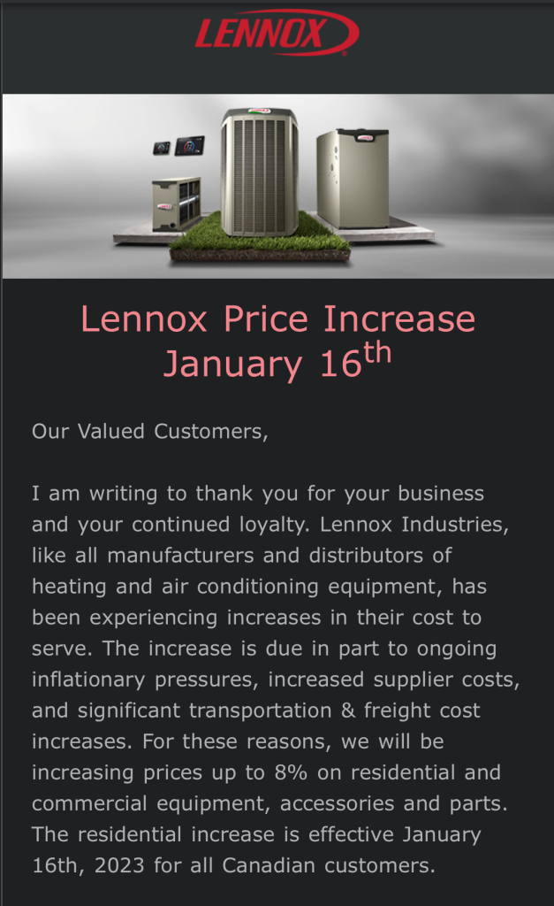 Lennox产品将于2023年1月再次上调价格 | 多伦多 - Mas Air Home Comfort